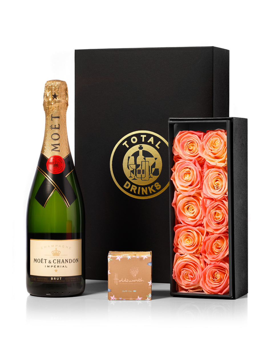 Moet Champagne & Chocolate Truffles with Champagne Pink Eternity Roses ...