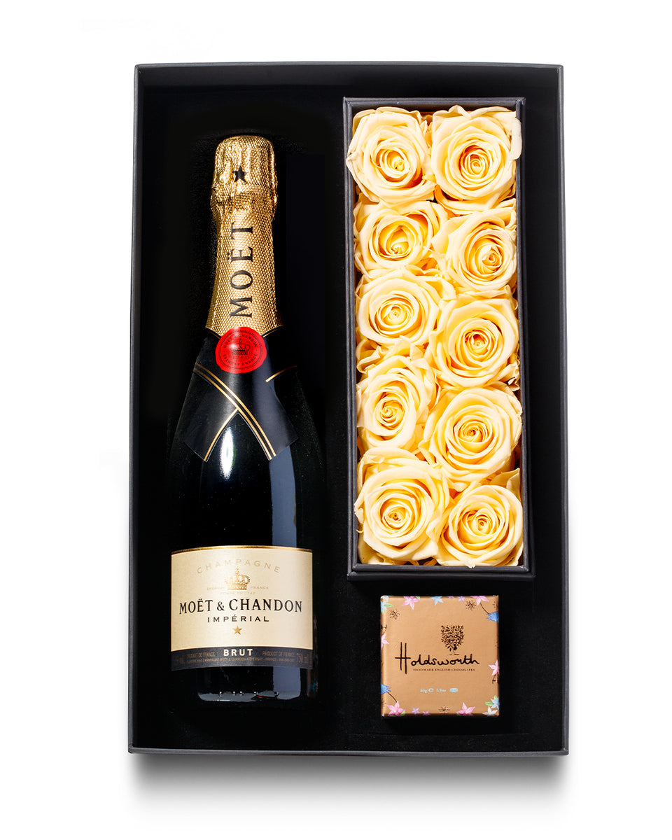 Moet Champagne & Chocolate Truffles with Champagne White Eternity Rose ...