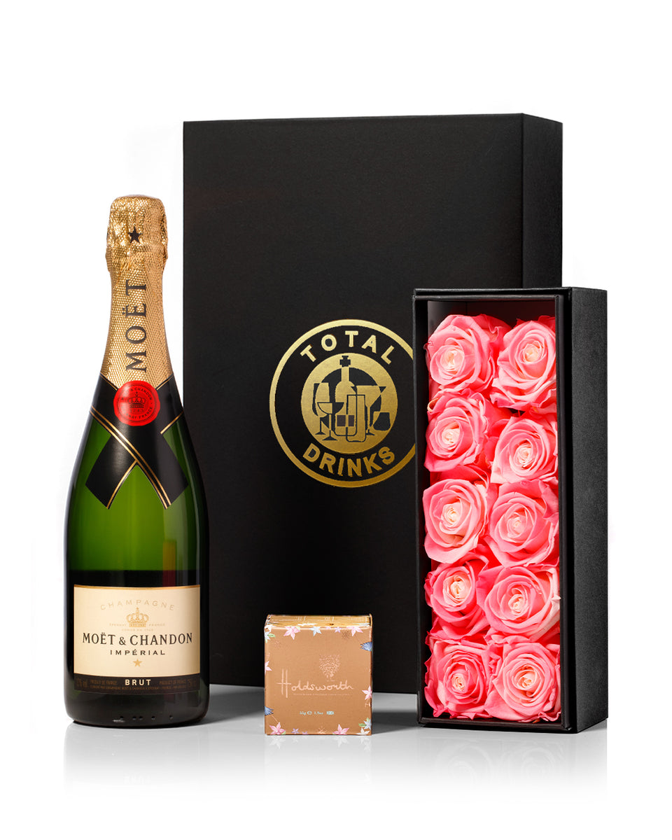 Moet Champagne & Chocolate Truffles with Pearl Pink Eternity Roses Gif ...
